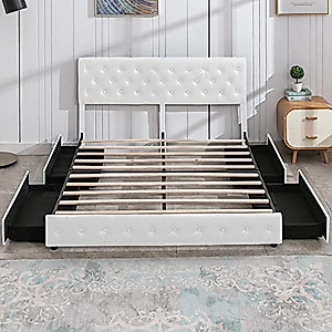 Horgaeo California King Size Bed Frame with 4 Storage Drawers and Button Decoration Liftable 5cm PU Headboard,No Box Spring Needed, Modern Iron-Wood Frame Easy Assembly, White.