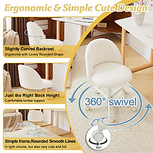 VINGLI Candy Chair Armless Cute Desk Chair,Comfy Small Office Chair with Wheels,Vanity Chair with Lumbar Support,Teddy Adjustable Rolling Swivel Computer Task Chair for Home Office,Bedroom,White