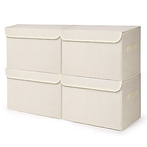 Bagnizer Large 22 Quart Linen Fabric Foldable Storage Bin Cube Organizer Basket with Flip-Top Lid & Handles, Large Clothes Blanket Box for Home, Office, Closet, 4 Pack 14.6 x 9.5 x 9.5”