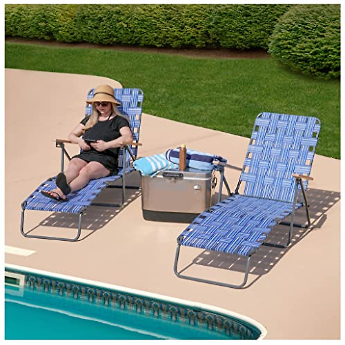 Garden Elements Folding Outdoor Patio/Lawn/Pool Chair Grey with Blue Woven Fabric and Arm Rests Lounger (2 Pack)