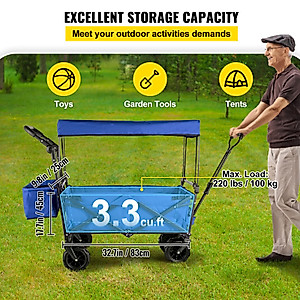 HAPPYBUY Extra Large Collapsible Garden Cart/Wagon with Removable Canopy, 220lbs Capacity Push& Pull Utility Cart with Rear Storage; Upgrad Padded Cotton 600D OxfortSecure Lock (40IN40IN20IN, Blue)