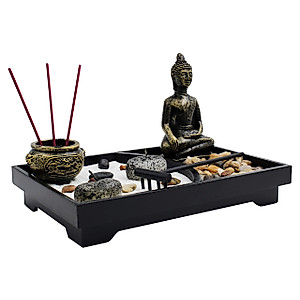 Royal Brands Zen Garden with Buddha, Rake, Rock Candle, and Incense Holder – Peace and Tranquility (9"x6"x7")