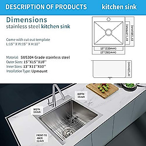 YSSOA Top-Mount Workstation Kitchen Sink, 20 Gauge Single Bowl Stainless Steel with 3 Accessories (Sink + Bottom Grid + Drain), 15-Inch, Silver