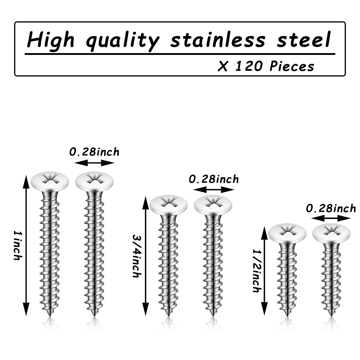 120 Pcs White Head Screws, #8 White Screws Wood Screws Stainless Steel Self Tapping Screw Wood Work for Wall Plates Replacement, 3 Sizes(1/2 Inch, 3/4 Inch, 1 Inch)