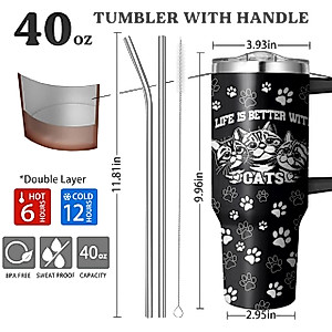 40 Oz Black Cat Tumbler With Handle and Straw, Double Wall Stainless Steel Insulated Mug for Cat Lovers, Mom or Dad - Cups Gifts for Women