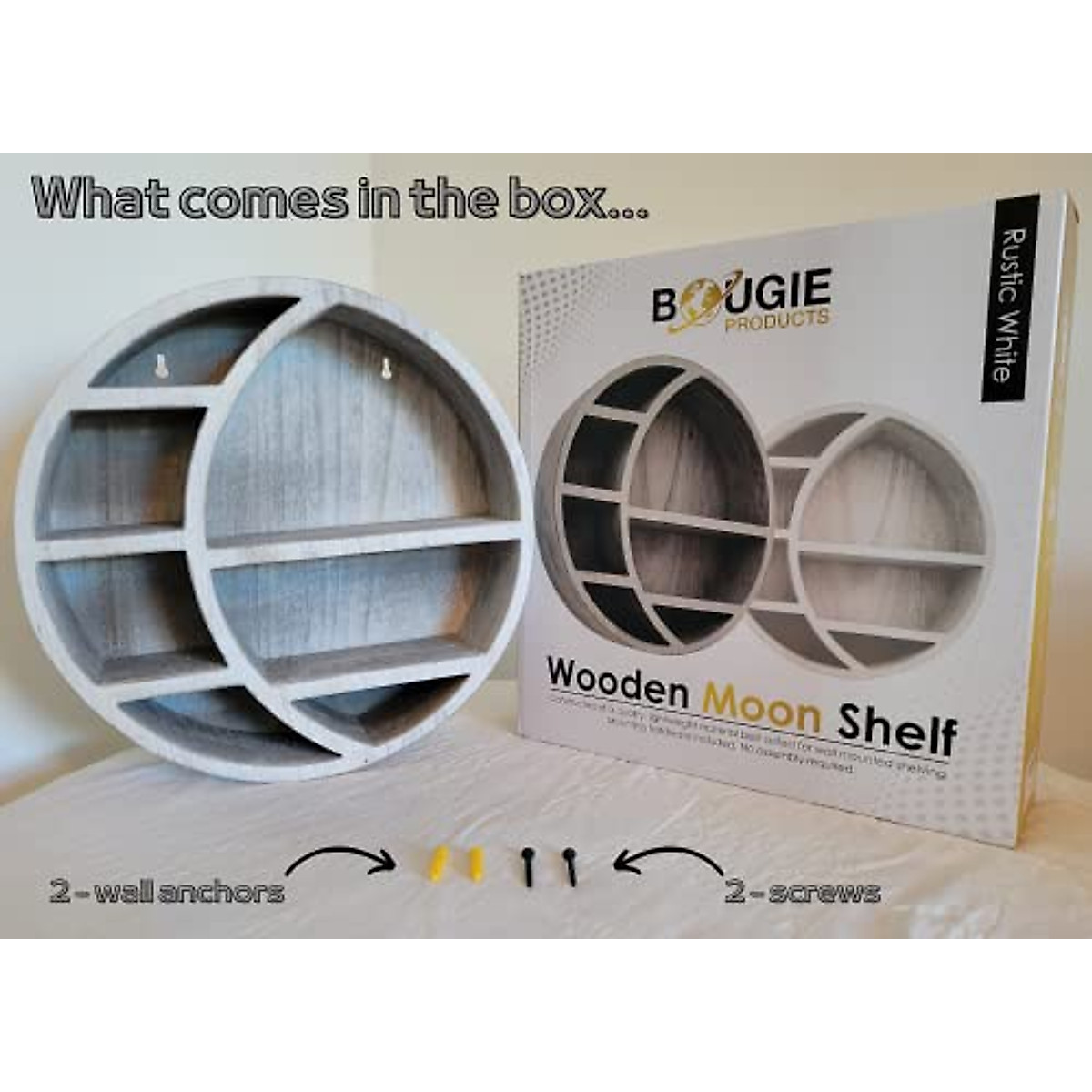 BOUGIE PRODUCTS Moon Shelf Rustic White - Floating Wall-Mounted 14" x 3.5" Wooden Crescent Moon Shelf for Bathroom, Bedroom, Living Room & Kitchen - Display for Crystals, Stones, and Essential Oils