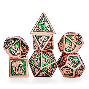 HYMGHO DND Dice Set Copper Dragon dice Enamel Green zamak with dice Box D&D Polyhedral Dice for Dungeons and Dragons dice Trpg 7 Pieces die Tabletop Games Board Gaming dice Vault