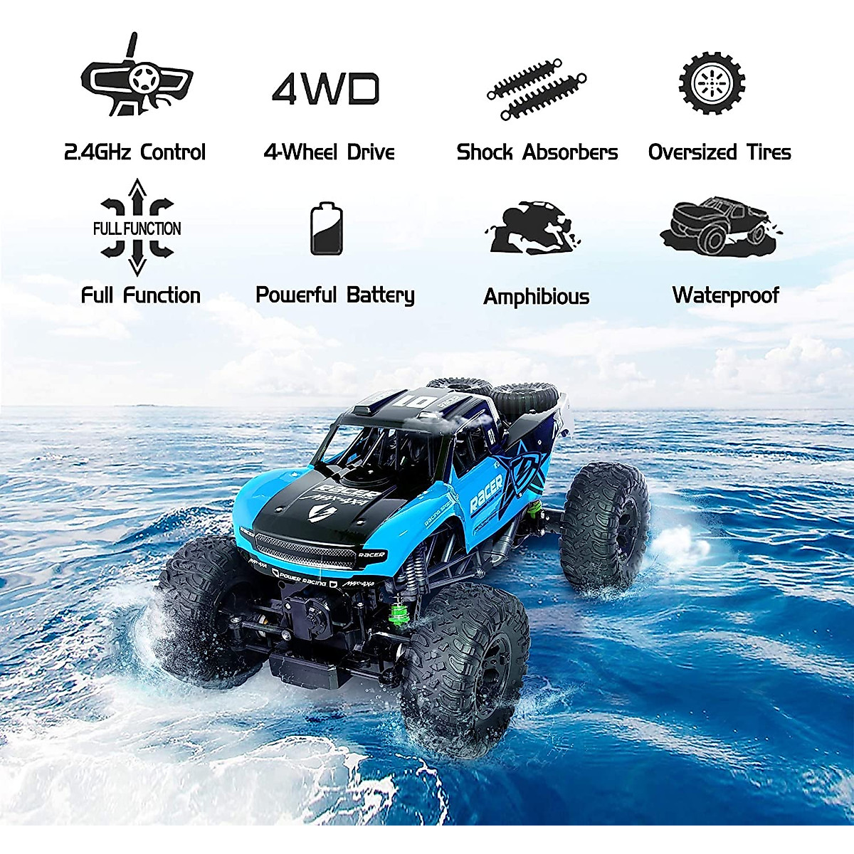 RC Cars 1:12 Remote Control Car, 2.4GHz Waterproof Racing Car Off-Road RC Crawler Toy Gift with Two Rechargeable Batteries