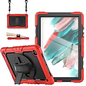 FS FANSONG Samsung Galaxy Tab A8 10.5 Inch Case 2022,SM-X200/X205/X207 Tablet Cover with Screen Protector Pencil Holder 360 Degree Rotating Kickstand and Shoulder Strap Red