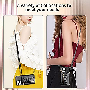 Yun Chi Crossbody Slim Wallet Cases for iPhone 13 Mini with Lanyard Strap Credit Card Holder 5.4'', PU Leather Protective Handbag Zipper Purse Kickstand Cover Women Girl (Black)