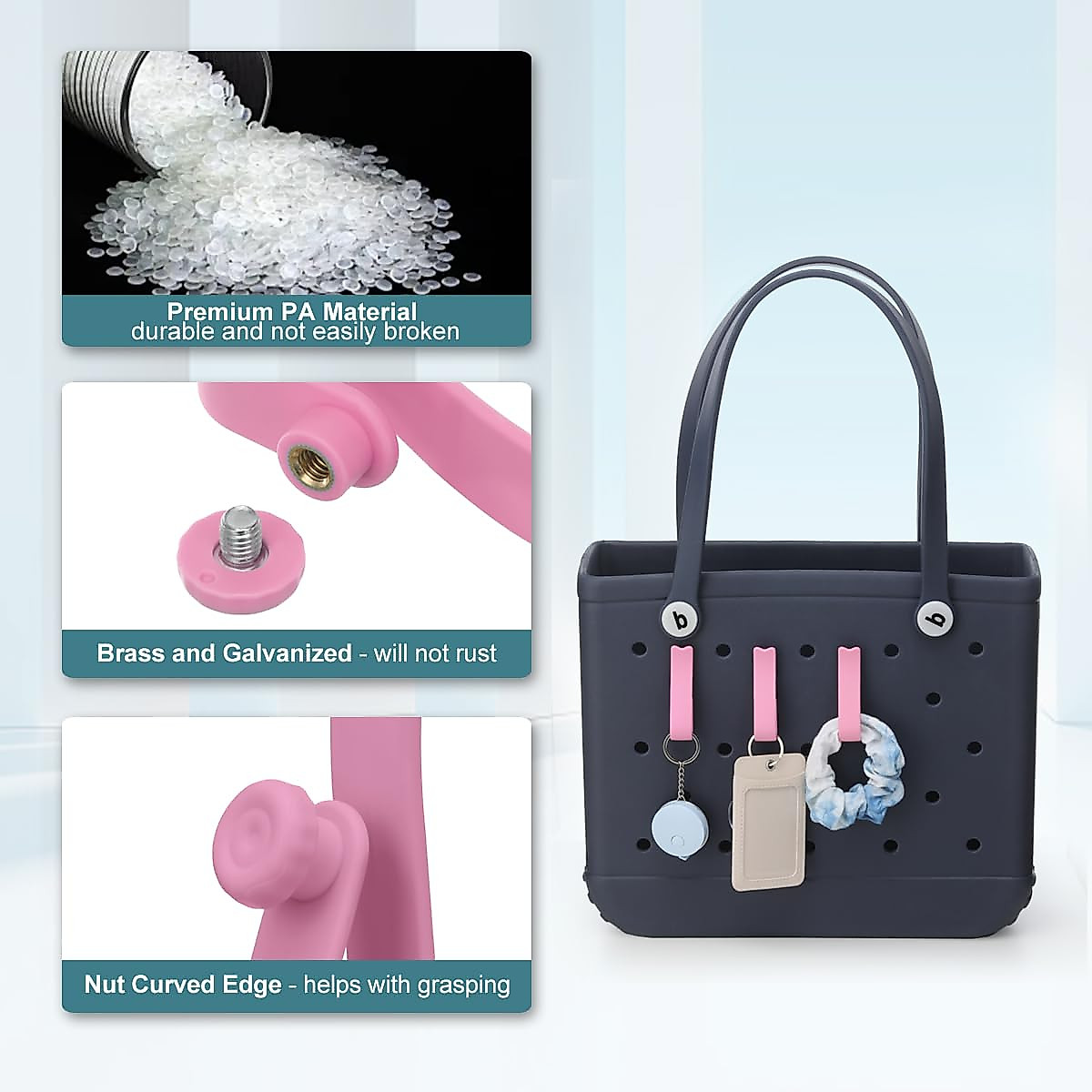 Lenink Hook Accessories Compatible with Bogg Bag, 3 Pack Insert Charm Keychain Holder for Beach Totes Bags, Hanging Keys, Water Bottles (Pink)