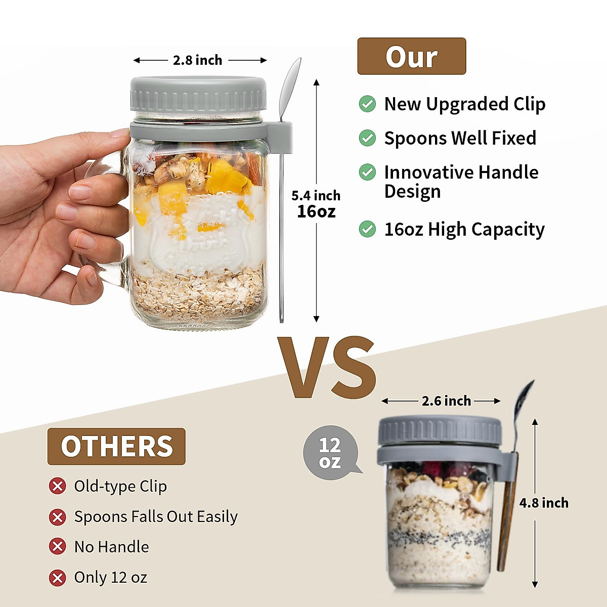 WANJOTEC Mason Jars 16 oz with Lids, 4 Pack Overnight Oats Containers with Lids and Handle, Breakfast On-the-Go Container Airtight Oatmeal Yogurt Container for Cereal,Salad,Milk