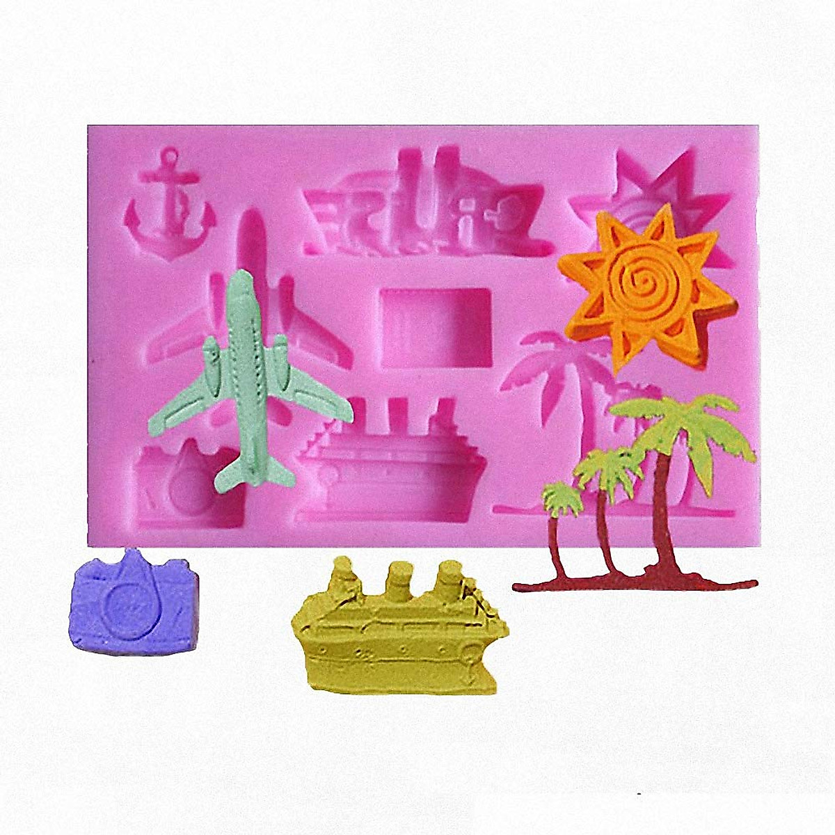 2Pcs/Set Summer Vocation Travel Fondant Molds, Seaside Holiday Silicone Mold for Cake Cupcake Decorating Polymer Clay Mould (Airplane Cruise Liner Camera Coconut Tree Sun Beach Slippers Swimsuit)