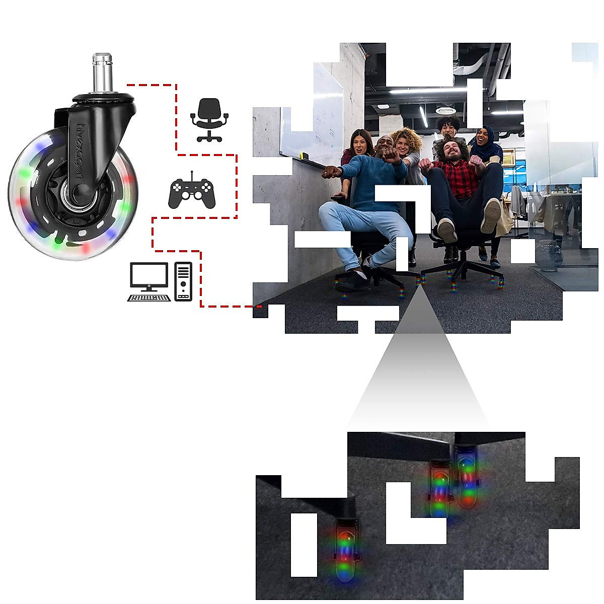 Office Chair Caster with RGB Color Changing Lights Set of 5 Rubber Replacement, Heavy Duty Universal Quiet Rolling Casters Fit Standard Office Chair for Hardwood Floors, Tiles and Carpet