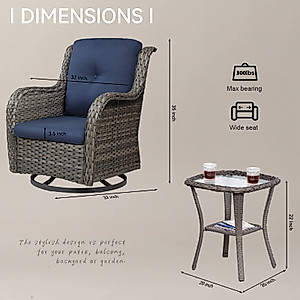 Joyside Outdoor Swivel Rocker Patio Chairs Set of 2 and Matching Side Table - 3 Piece Wicker Patio Bistro Set with Premium & Soft Fabric Cushions(Mixed Grey/Blue)