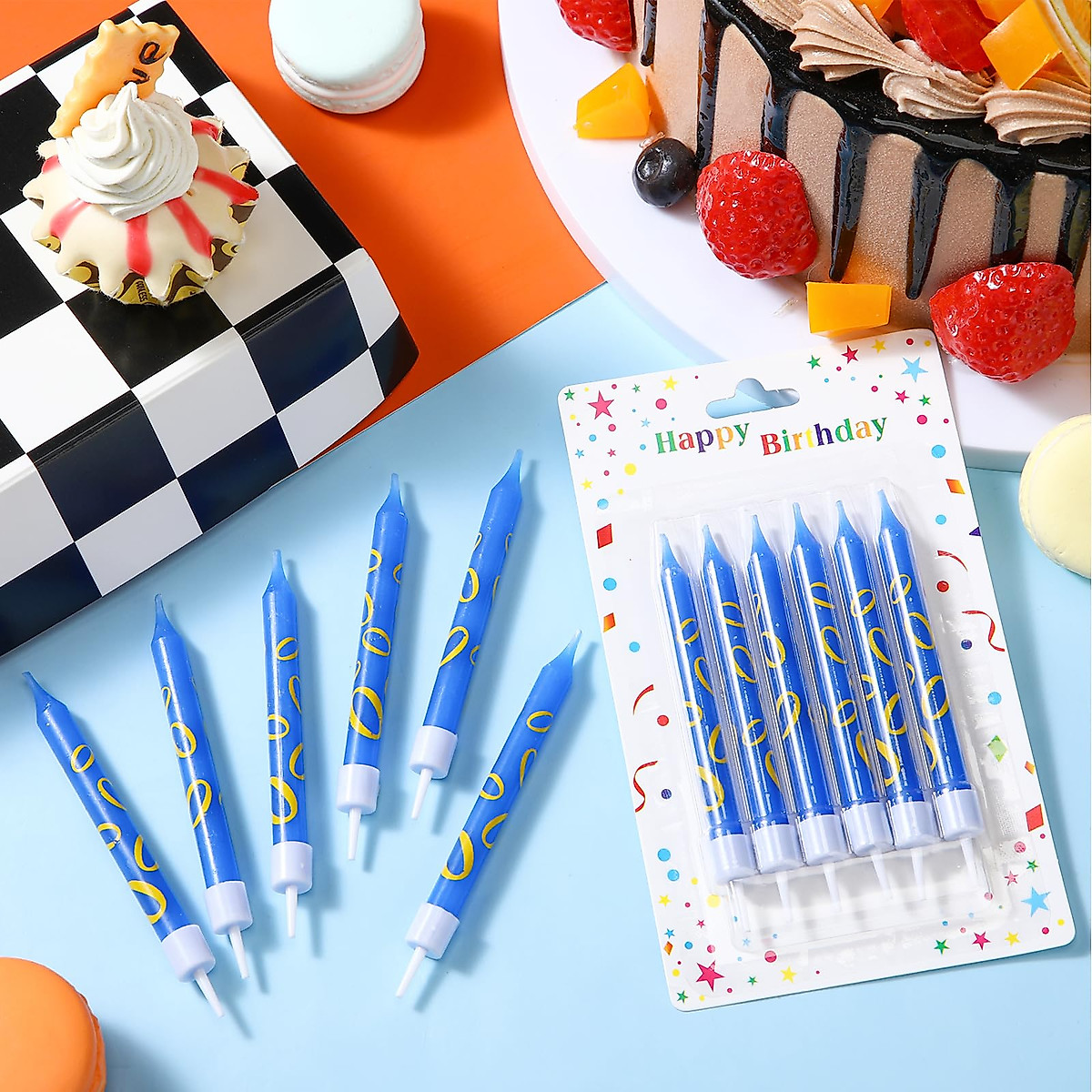 Conelist 12 Pcs Blue with Gold Ring Print Themed Birthday Candles Blue Gold Candle Cake Topper Cartoon Characters Themed Birthday Candles Blue and Golden Ring Prints Party Supplies for Boys Girls