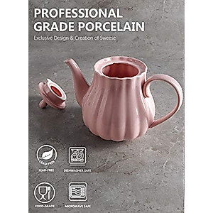 Sweese 222.108 Ceramic Teapot Pumpkin Fluted Shape, Pink - 28 Ounce