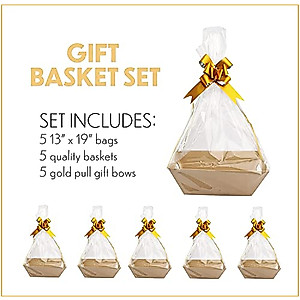 [5 Pk] Baskets for Gifts Empty | 8x10” Kraft Gift Basket Kit with Basket Empty, Basket Bags, Gold Pull Bows | Wine Basket Gift Set | Christmas, Easter, Occasions | Gift to Impress - Upper Midland