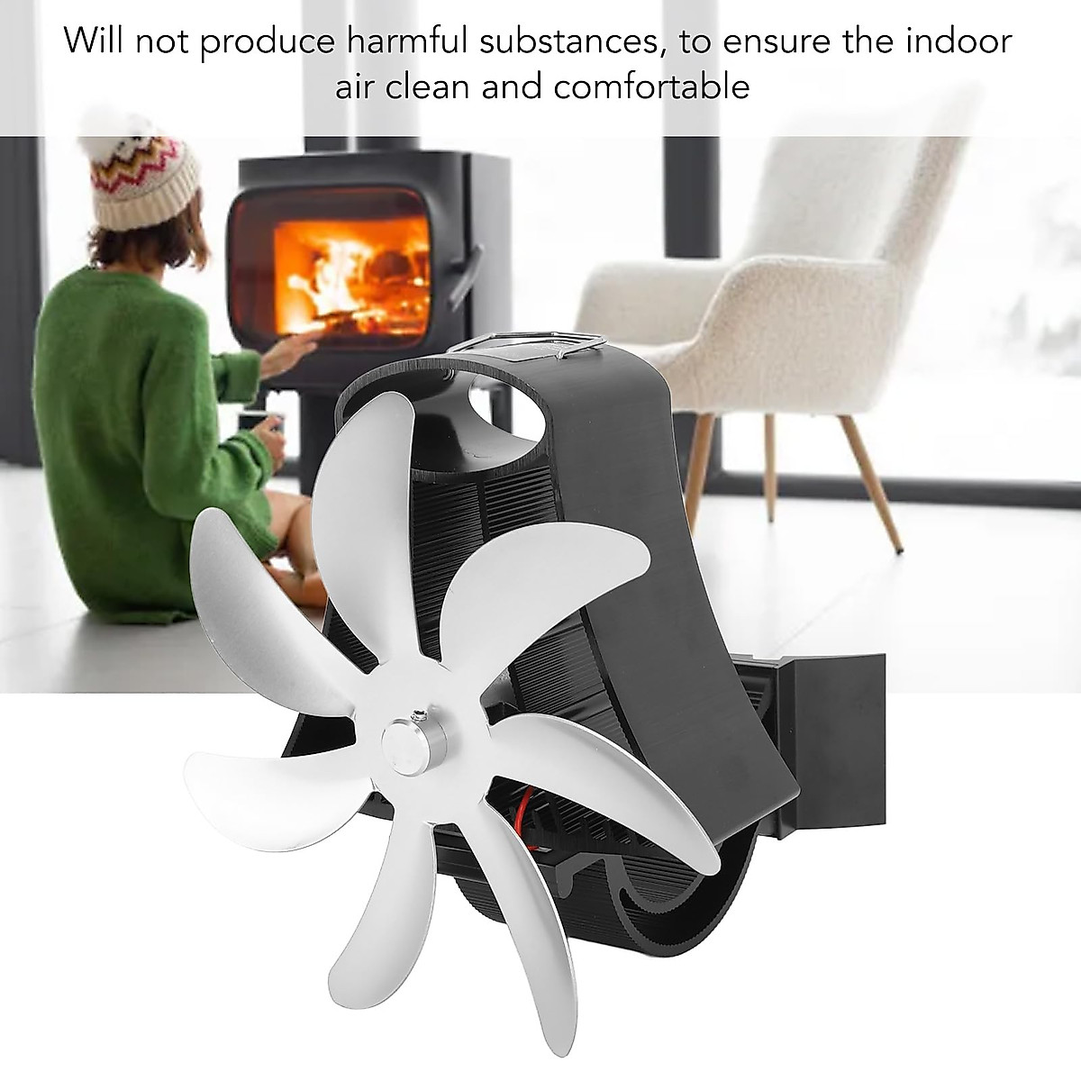 Wood Stove Fan 7 Blade Heat Powered Silent Motors Magnetic Wall Mount (Silver)