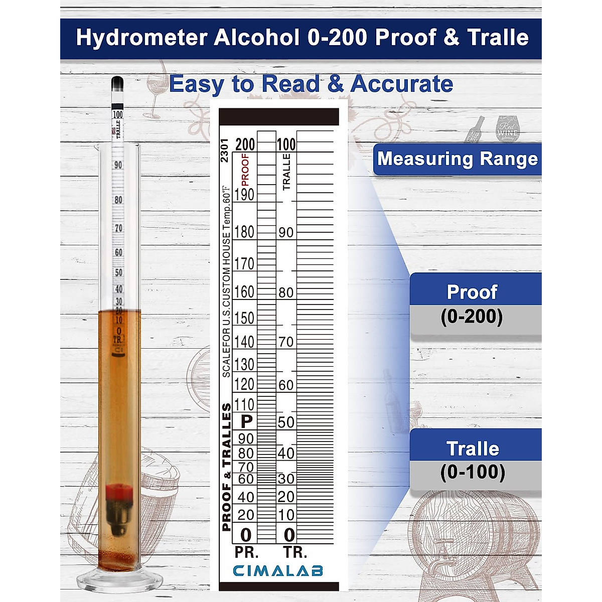 Cimalab Hydrometer Alcohol Meter Kit, Hydrometer Alcohol 0-200 Proof & Tralle with Hydrometer Test Jar, Alcohol Proof Tester Hydrometer, Alcohol Tester for Liquor/Moonshine/Spirits/Proofing/Distilled