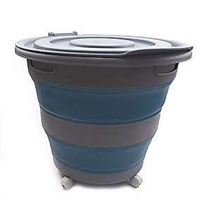 SAMMART 66L(17.4 Gallon) Collapsible Plastic Garbage Bin with Wheels & Removable Lid-Foldable Pop Up Container-Portable Washing Tub-Space Saving Basket,Water Capacity 56L(14.8 Gallon)(Grey/Blue)