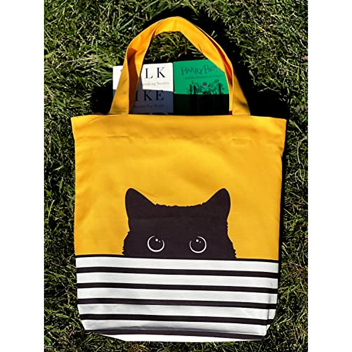 Cute Canvas Tote Bag for Women with Cat Design - Birthday Valentines Day Gift - Aesthetic Book Tote for Teacher School Kids - Hello Kitty Tote Bag - Large Reusable for Shopping Grocery (Yellow Cat)
