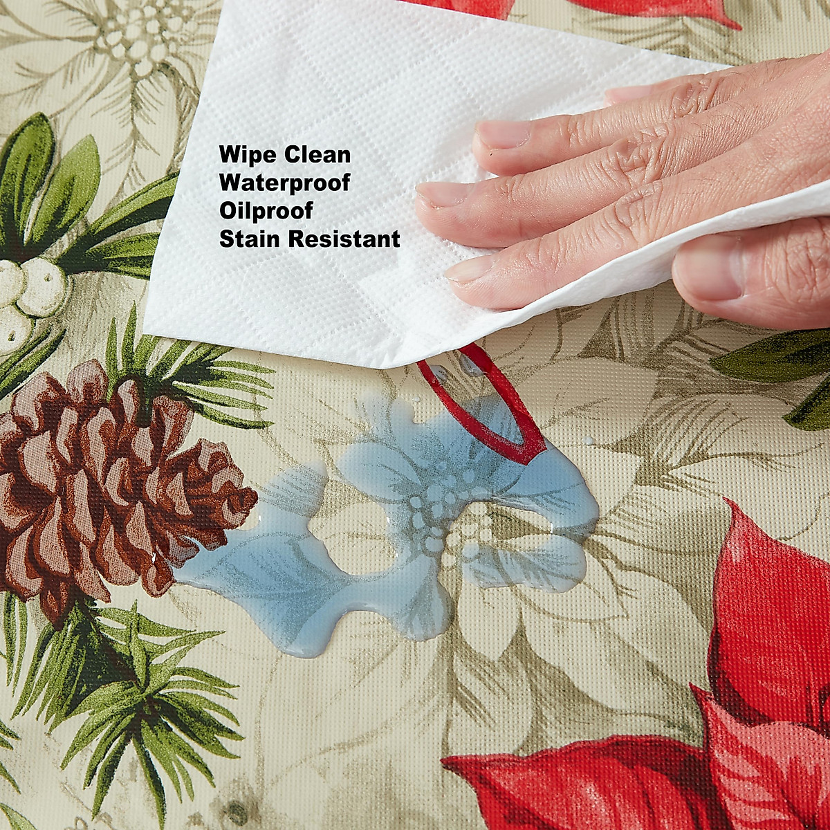 Newbridge Majestic Winter Poinsettia Festive Floral Christmas Print Vinyl Flannel Backed Tablecloth, Noel and Holly Berry Xmas Easy Care Wipe Clean Tablecloth, 60 Inch x 84 Inch Oblong/Rectangle