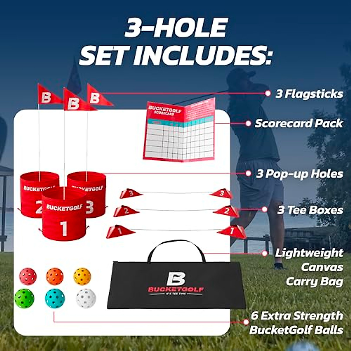 bucketgolf Game 3 Hole Starter Set - New Outdoor Yard Golf Game Levels Family, Adults, Kids, Party, Lawn, Camping, Beach