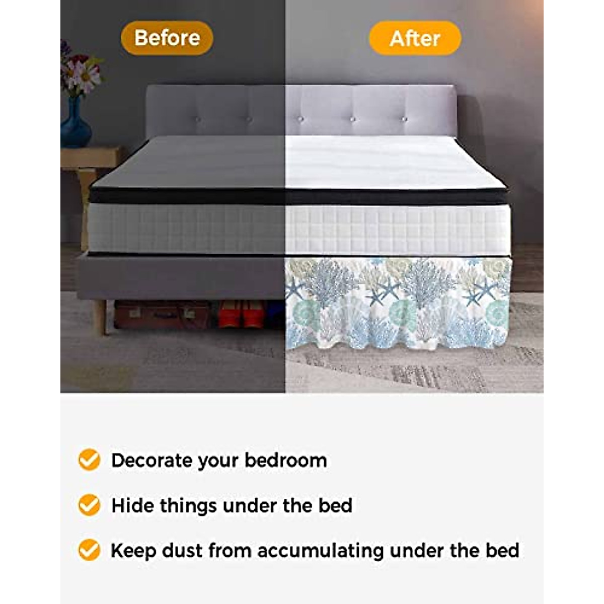 Coral Shell Starfish Bed Skirt Queen Size 18 Inch Drop, Adjustable & Elastic Wrap Around Bed Skirts Pleated Luxury Dust Ruffles for Twin Full Queen Cal King Base Bed, Summer Beach Ocean Sea Blue