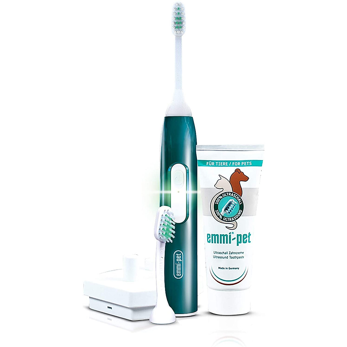 Emmi®-pet 2.0 electric toothbrush Oral & Skin Care Set for Pets. 100% Ultrasound cleans completely silently, no bristle movements and no vibration. for cleaner teeth, healthier gums, fresher breath.