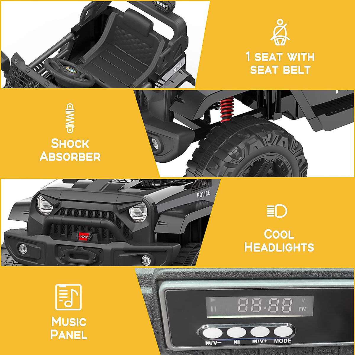 Ride on Truck Car 12V Kids Electric Vehicles with Remote Control Spring Suspension, LED Lights, Bluetooth, 2 Speeds