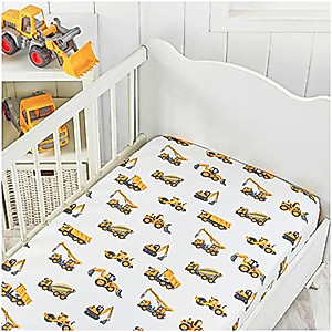 Handywa - 100% Cotton 2 Pack Fitted Crib Sheet Set for Baby and Toddler Bed Mattresses - Yellow Gray Construction Trucks and Chevron for Boy Nursery