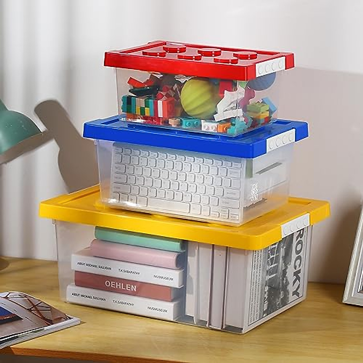 Thyle 18.9'' 3 Pcs Toy Storage Organizer Bins with Lid Toy Organizer Clear Stackable Storage Bins Box Plastic Brick Shaped Containers for Organizing Kids Crafts Puzzles Building Blocks, Yellow, Blue