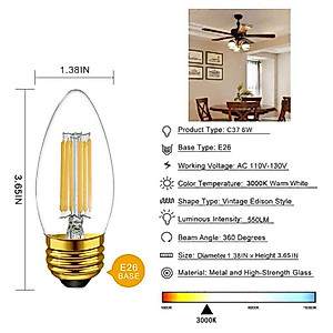 VCTC Lighting Dimmable 6W Vintage Edison E26 Candelabra LED Bulbs 3000K Warm White,C37 LED Filament Candle Bulbs 60W Equivalent, 550 Lumens, Pack of 6