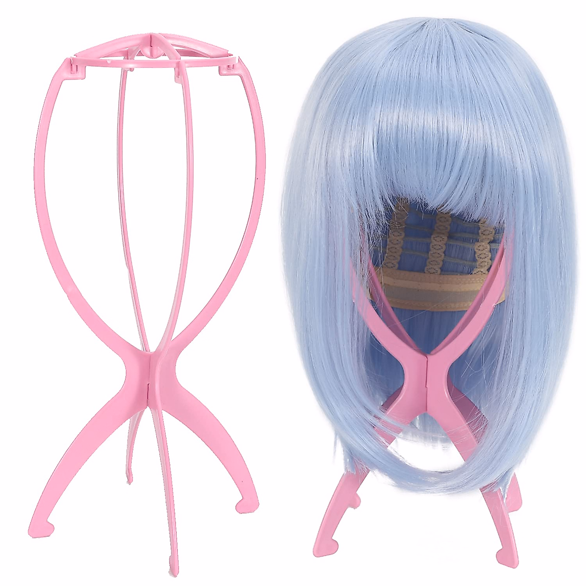 MISSUHUI Wig Stand Wig Holder, Short Wig Stand Portable Wig Head Stand, Collapsible Wig Holder for Multiple Wigs, Wig Display Stand Tool Travel Wig Stand (2Pcs Pink)