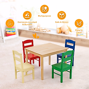 KOTEK Kids Wood Table and 4 Chair Set, Children Multi Activity Table for Learning, Playing, Drawing, Toddler Picnic Table and Chairs Set for Home, Classroom and Daycare (Assorted)