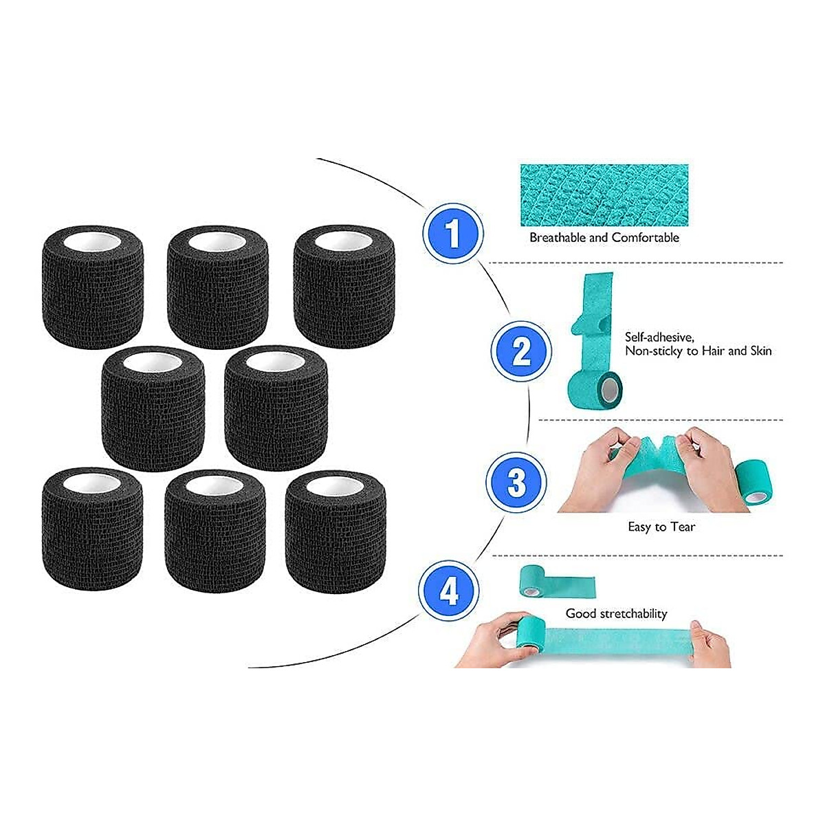 CIYAGPOOU Self Adhesive Bandage Wrap,2 Inch Black Breathable Elastic Cohesive Bandages, Vet Wrap Sports Tape Bulk for First Aid Supplies, Wrist Sprains Protection