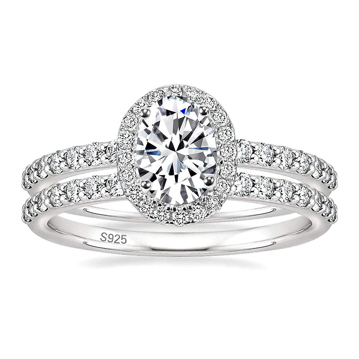 EAMTI 1.5CT 925 Sterling Silver Cubic Zirconia Bridal Rings Sets Oval Cut CZ Engagement Rings Wedding Band For Women Size 6