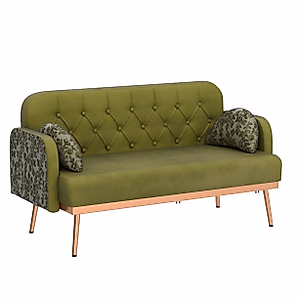 55-inch Small Velvet Couch with Elegant Moon Shape Pillows, Twin Size Loveseat Accent Sofa with Golden Metal Legs, Living Room Sofa with Tufted Backrest, 600 Pounds Weight Capacity, Green