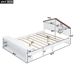 i-POOK House Bed with Storage, Led Bed Frame with House-Shaped Headboard, Full Size Platform Bed Frame for Children Teens Girls Boys, White