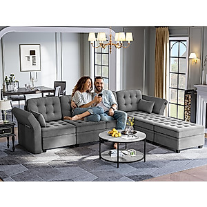 DWVO Modular Sectional Sofa, U Shaped Sectional Couch with Reversible Chaise Velvet 6-Seater Sectional Couch with 3-Position Adjustable Armrests and USB Port