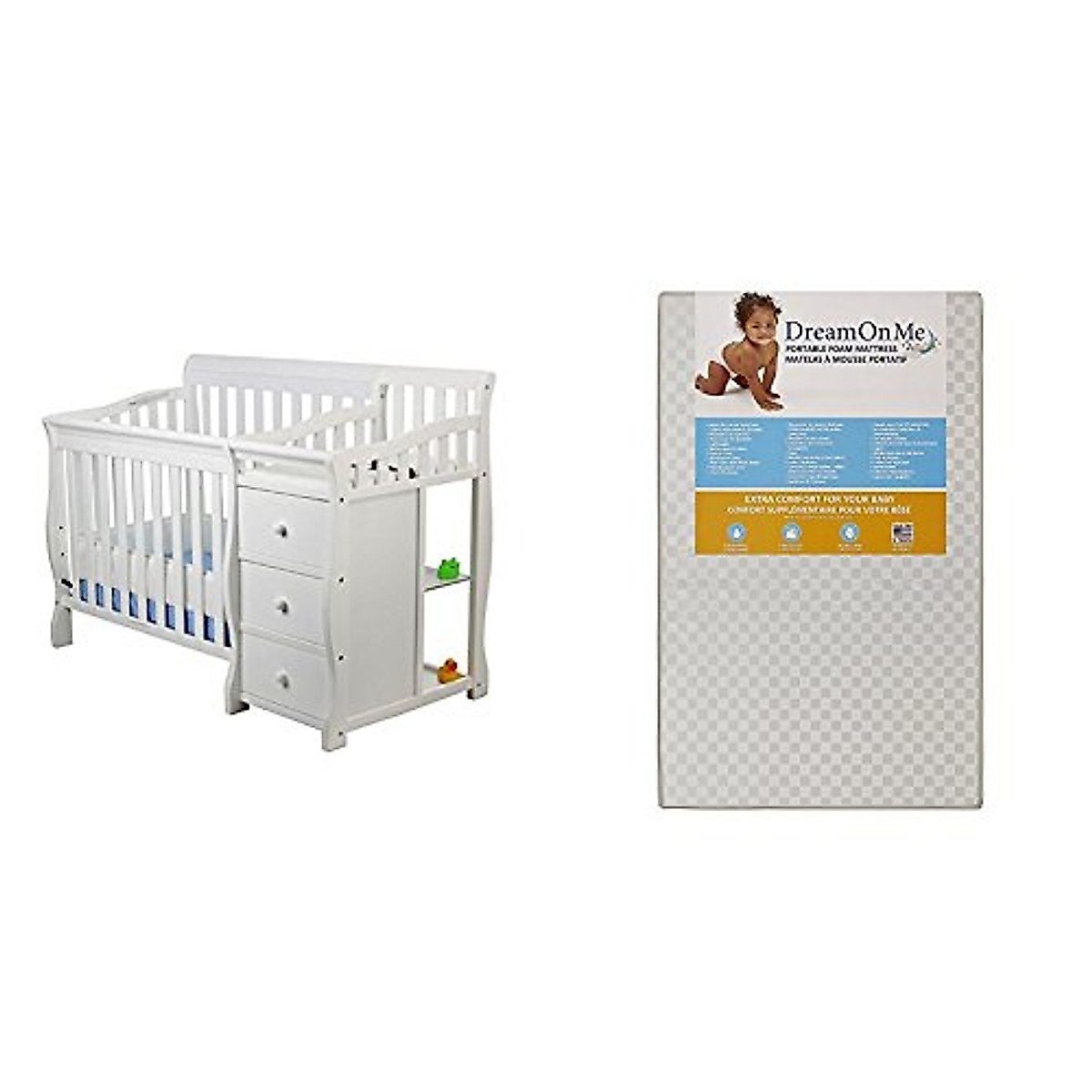 Dream On Me Jayden 4 in 1 Convertible Portable Crib w/ Changer with Dream On Me 3 Portable Crib Mattress, White