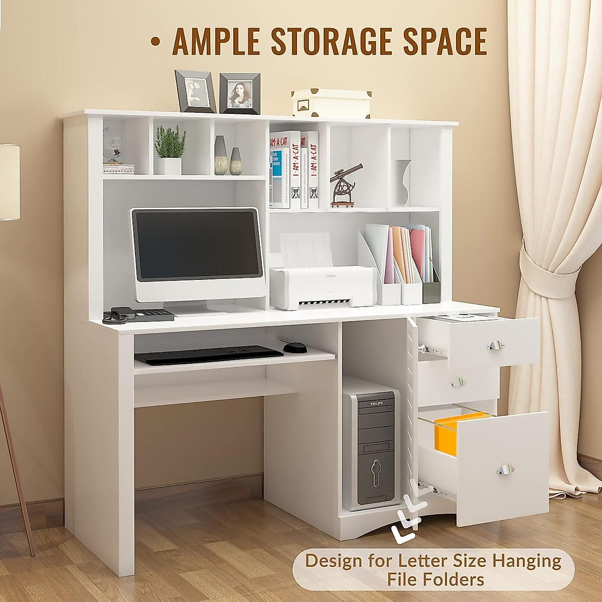 JOYSOURCE 59" Computer Desk with Hutch, 2-Tier Shelves, Keyboard Tray, 3 Drawers, White - Large Home Office Desk for Gaming, Writing, Study Workstation