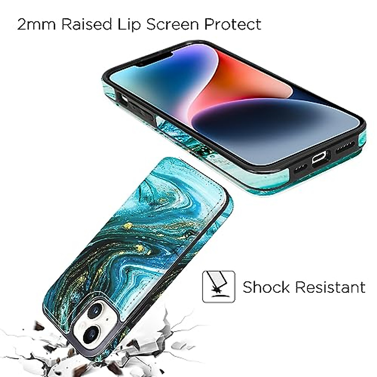 uCOLOR Compatible with iPhone 14/15 Plus 6.7" Wallet Case with Card Holder Slots Folio Flip PU Leather Kickstand Magnetic Clasp and RFID Blocking Cover (Blue Marble)