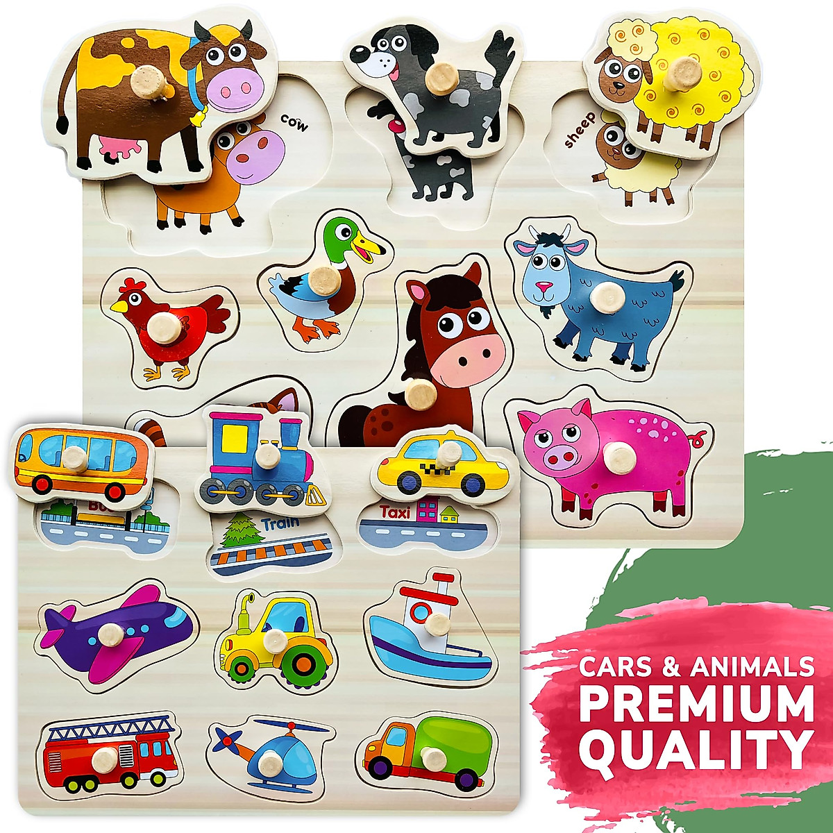 QUOKKA Wooden Puzzles for Toddlers Ages 1-3-5 in a Bag – Alphabet Learning Kids Puzzle 2-4 Year Old – Educational Wood Travel Toy with ABC Numbers Letters Animals – Gift Game for Boys and Girls