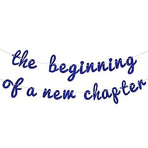 The Beginning of A New Chapter Banner - Adventure Awaits - Bunting Backdrops for Engagement/Graduation/Baby Shower/Retirement Party Decoration Supplies(Blue)