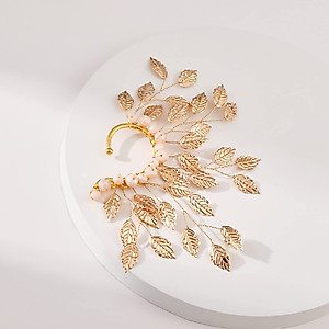 Elf Ear Cuff Fairy Single Left Handmade Non Piercing Earring for Women (Golden Leaves)