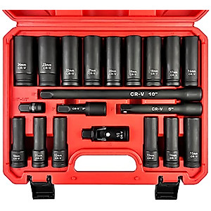 WETT 1/2-Inch Drive Deep Impact Socket Set, 20 Piece Metric Socket Set, 6 Point, Cr-V Steel, 10-24mm, Universal Joint, Adapter and Extension Bar