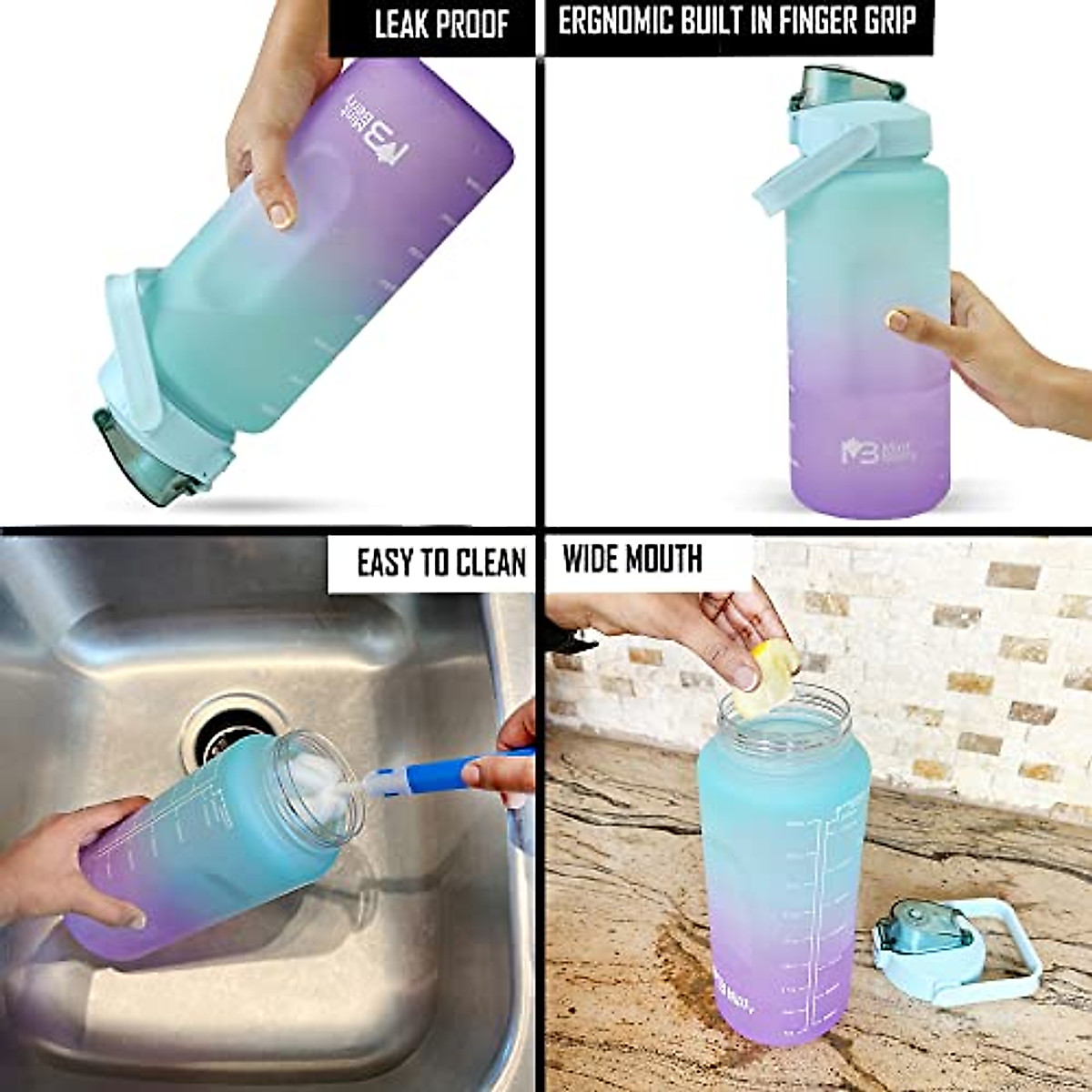 Mint Berry Half Gallon Water Bottle with Time Marker - 64 oz Water Bottle with Straw - Big Water Bottle - Large Water Bottle (Blue Purple Gradient)