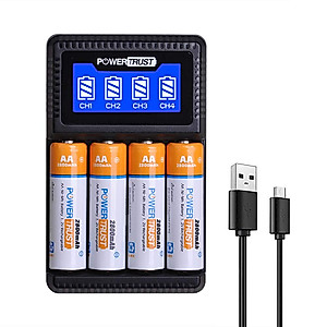 PowerTrust 2800mAh 4Pack AA Rechargeable Batteries and LCD USB Charger for AA AAA Ni-MH Rechargeable Batteries with 4-Slots